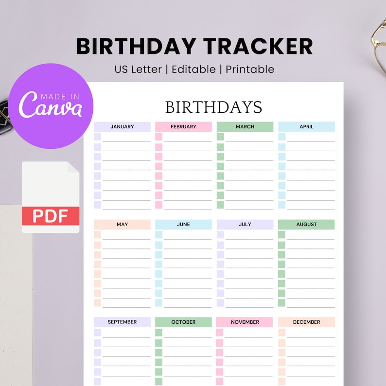 Printable Birthday Tracker Template, PDF Birthday Organizer, Birthday ...