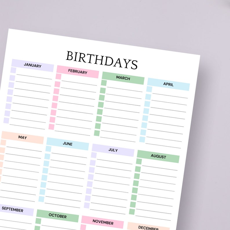 Printable Birthday Tracker Template, PDF Birthday Organizer, Birthday ...