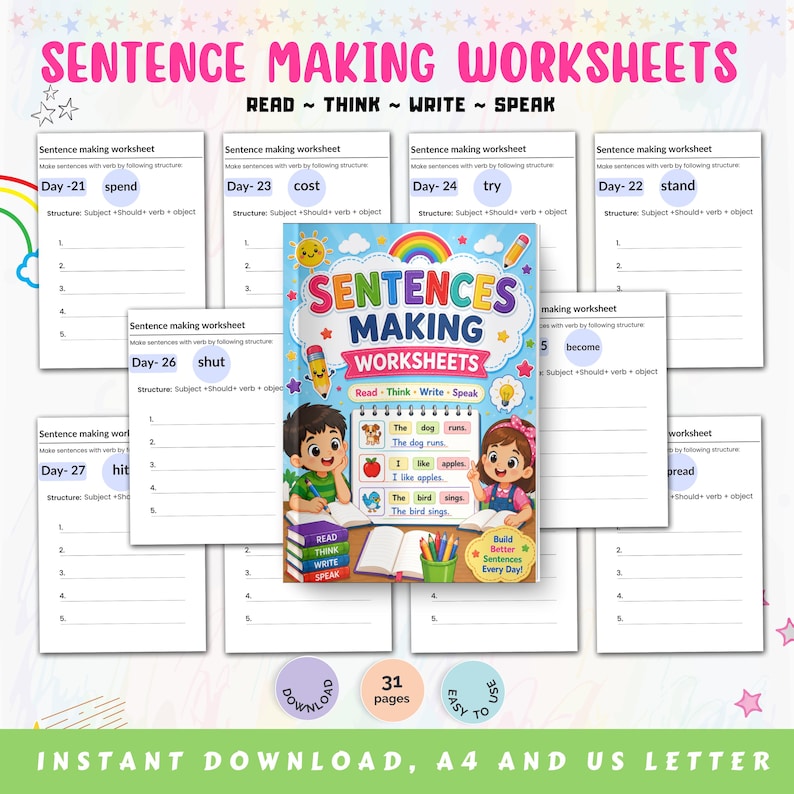 Sentence Making Worksheet for Kids, Printable Grammar Activity Build ...