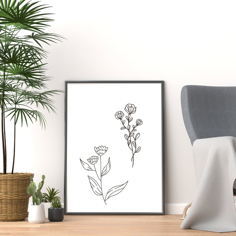 Minimalist Floral Line Art Printable, Boho Botanical Wall Decor, Black ...