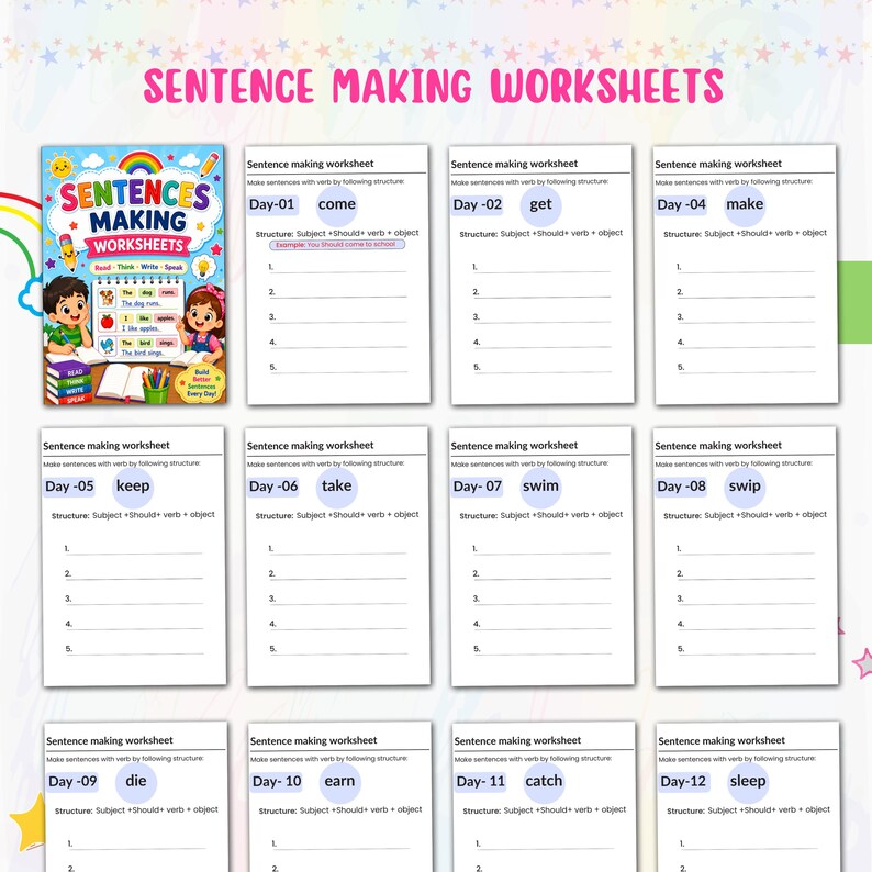 Sentence Making Worksheet for Kids, Printable Grammar Activity Build ...