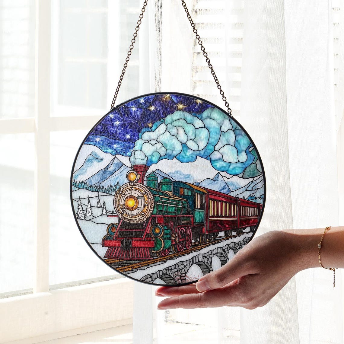 Winter Train Glass Suncatcher, Steam Engine Ornament - Etsy