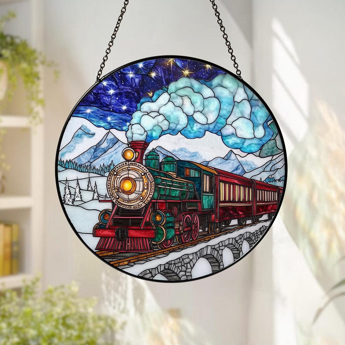 Winter Train Glass Suncatcher, Steam Engine Ornament - Etsy