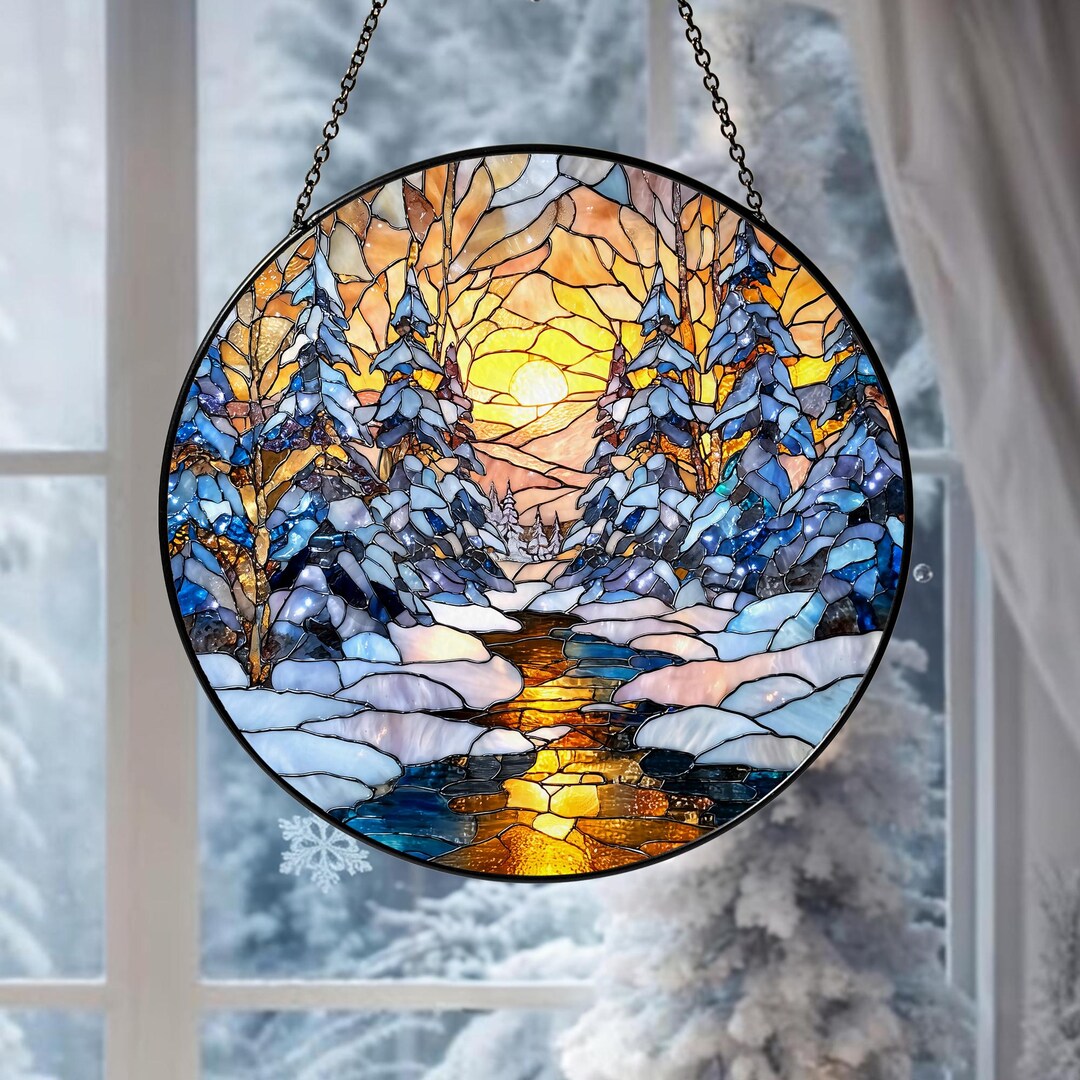 Winter Forest Glass Suncatcher, Snowy Landscape Window Hanging, Cozy ...