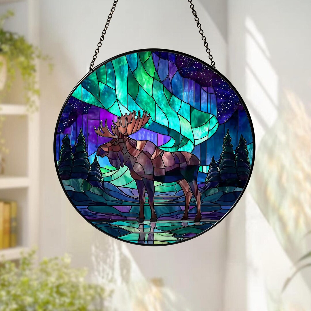 Moose Northern Lights Glass Suncatcher, Aurora Borealis Window Decor - Etsy