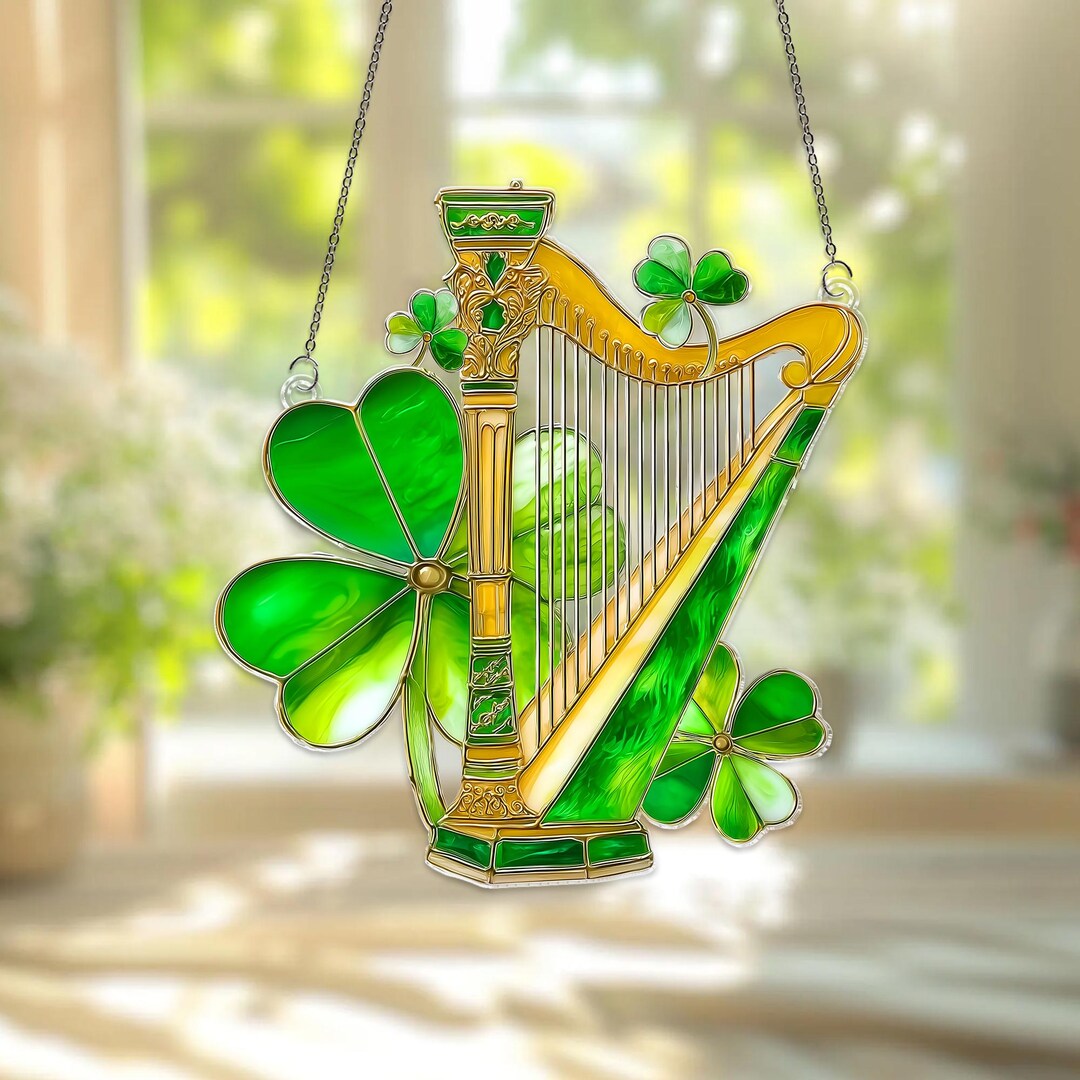Irish Harp Acrylic Suncatcher, Shamrock Window Hanging,shamrock ...