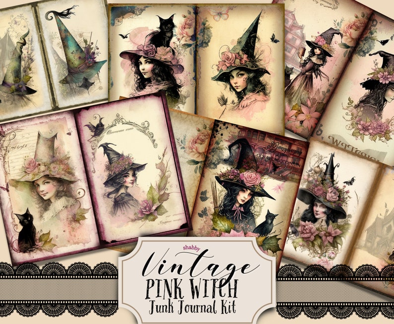 Printable Shabby Vintage Pink Witch Journal Papers, Scrapbooking Pages ...