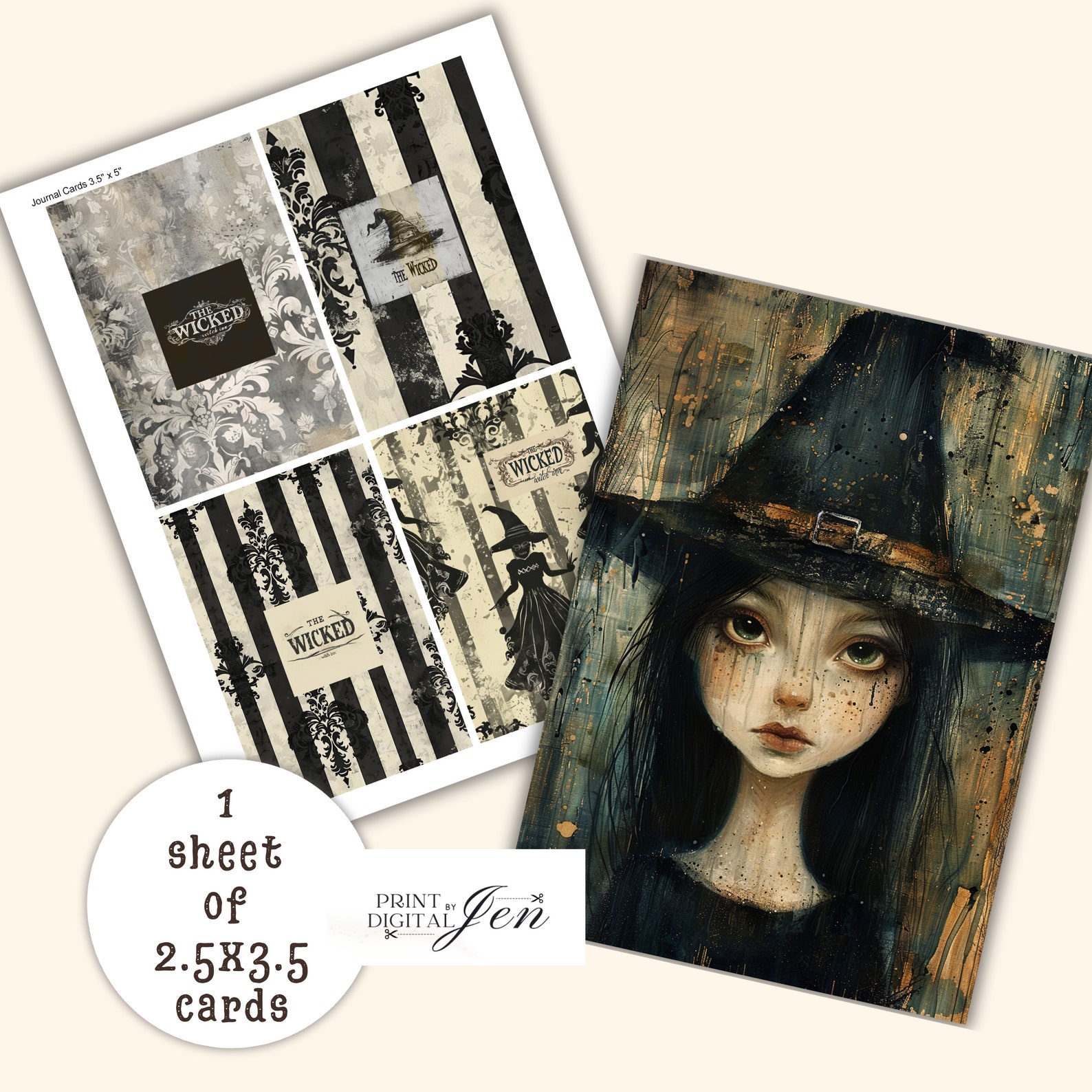 Grungy Halloween Witch Collage Sheet: Retro Journal Cards (digital ...