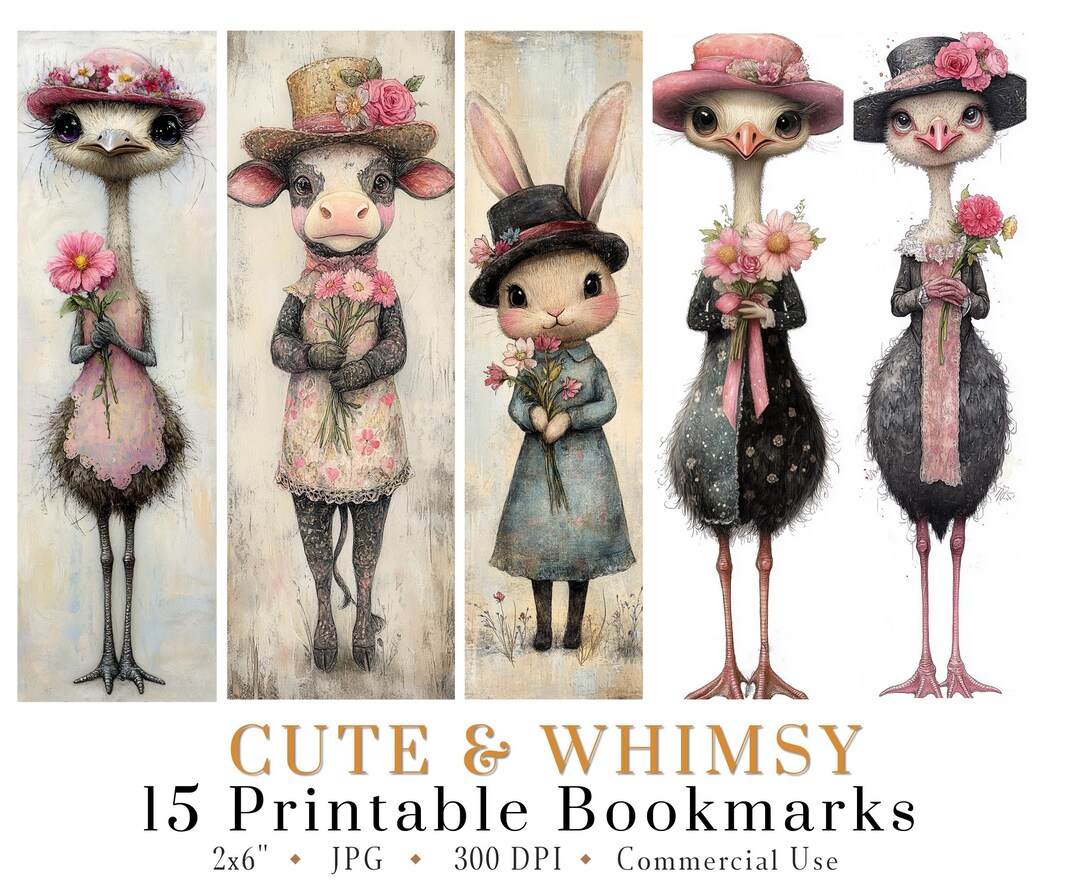 Whimsical Animal Bookmark Set: Cow, Ostrich, Bunny Designs (digital ...
