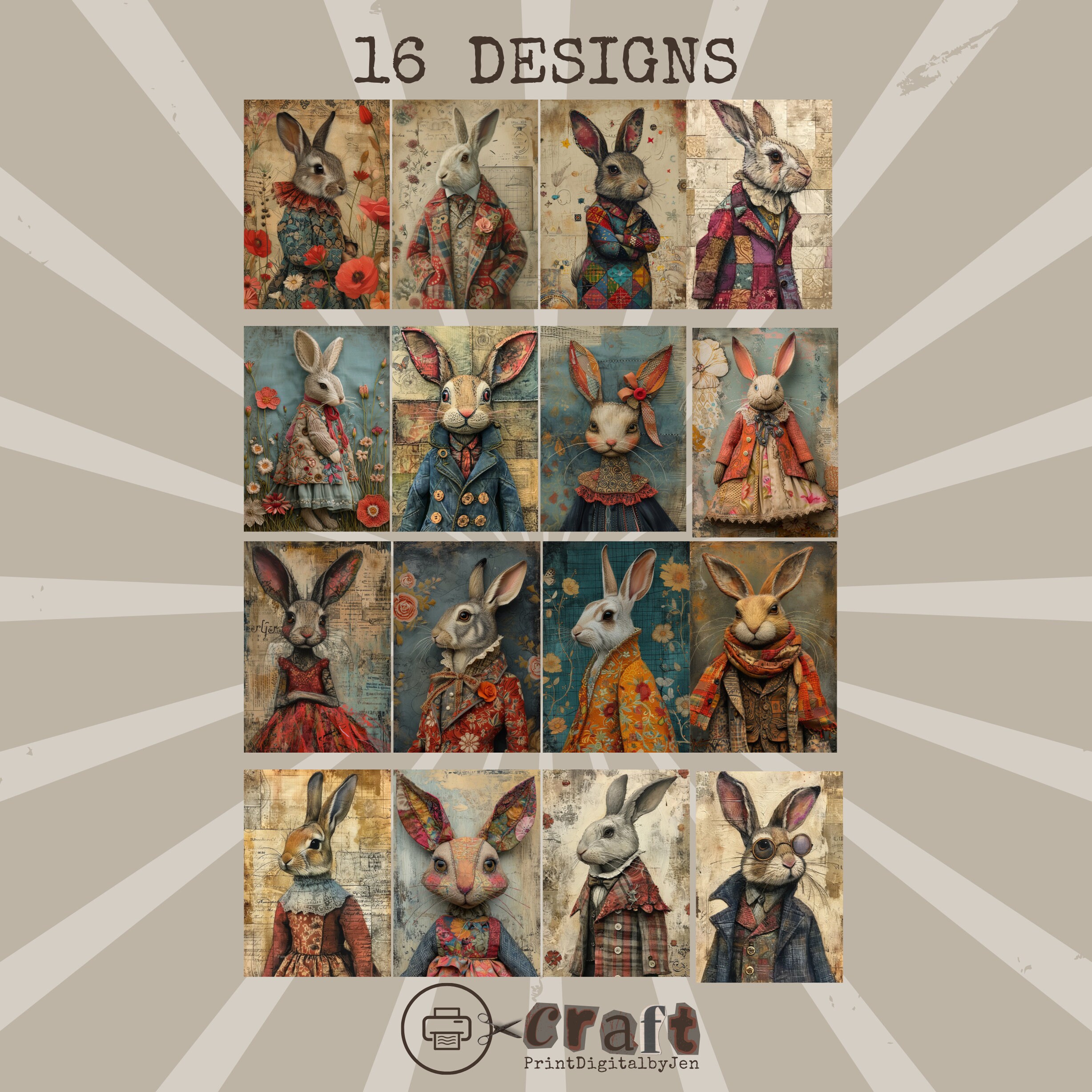 Patchwork Rabbit Junk Journal Cards and Papers, Collage Sheet ...