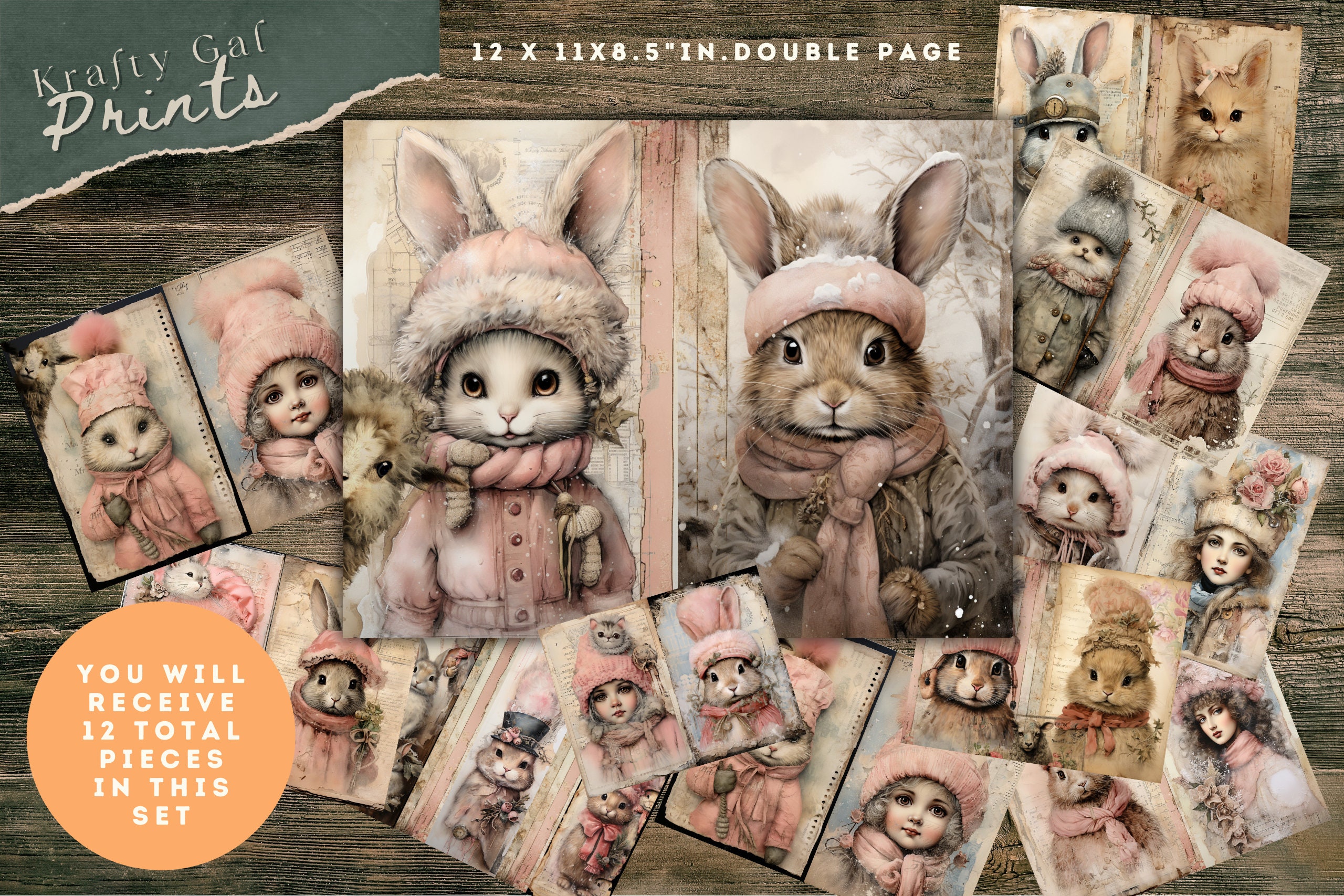 Bunny Junk Journal Kit, Vintage Bunny, Rabbit, Bunny in Winter Hat ...