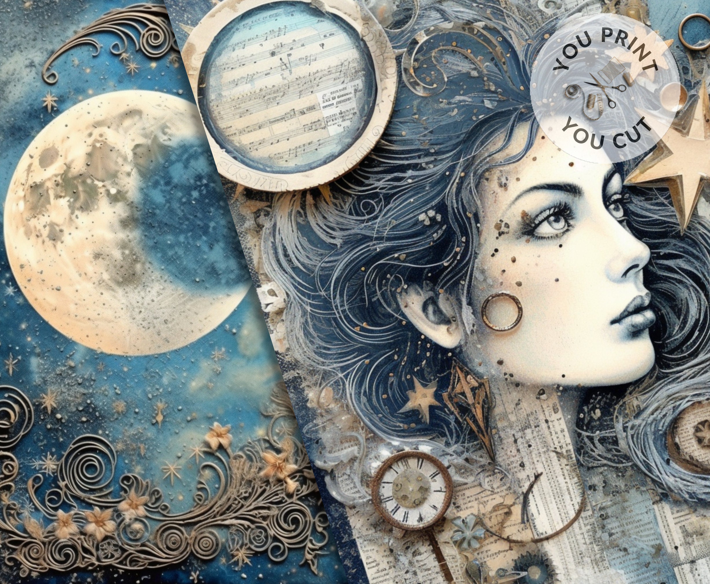 Moon Journal Pages, Mixed Media Moon Junk Journal Kit, Digital Papers ...