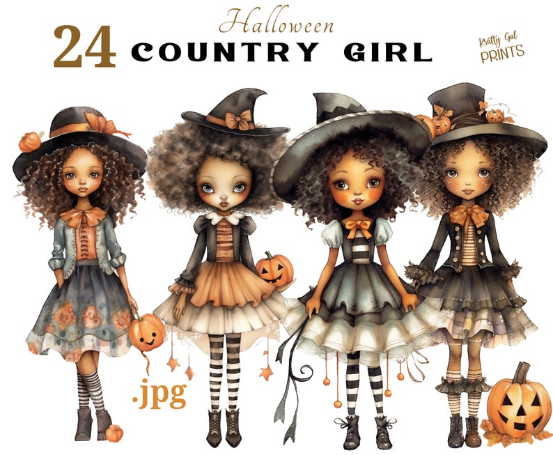 Halloween Country Girl Clipart Digital Download Girls Junk Journal Scrapbooking Card Making