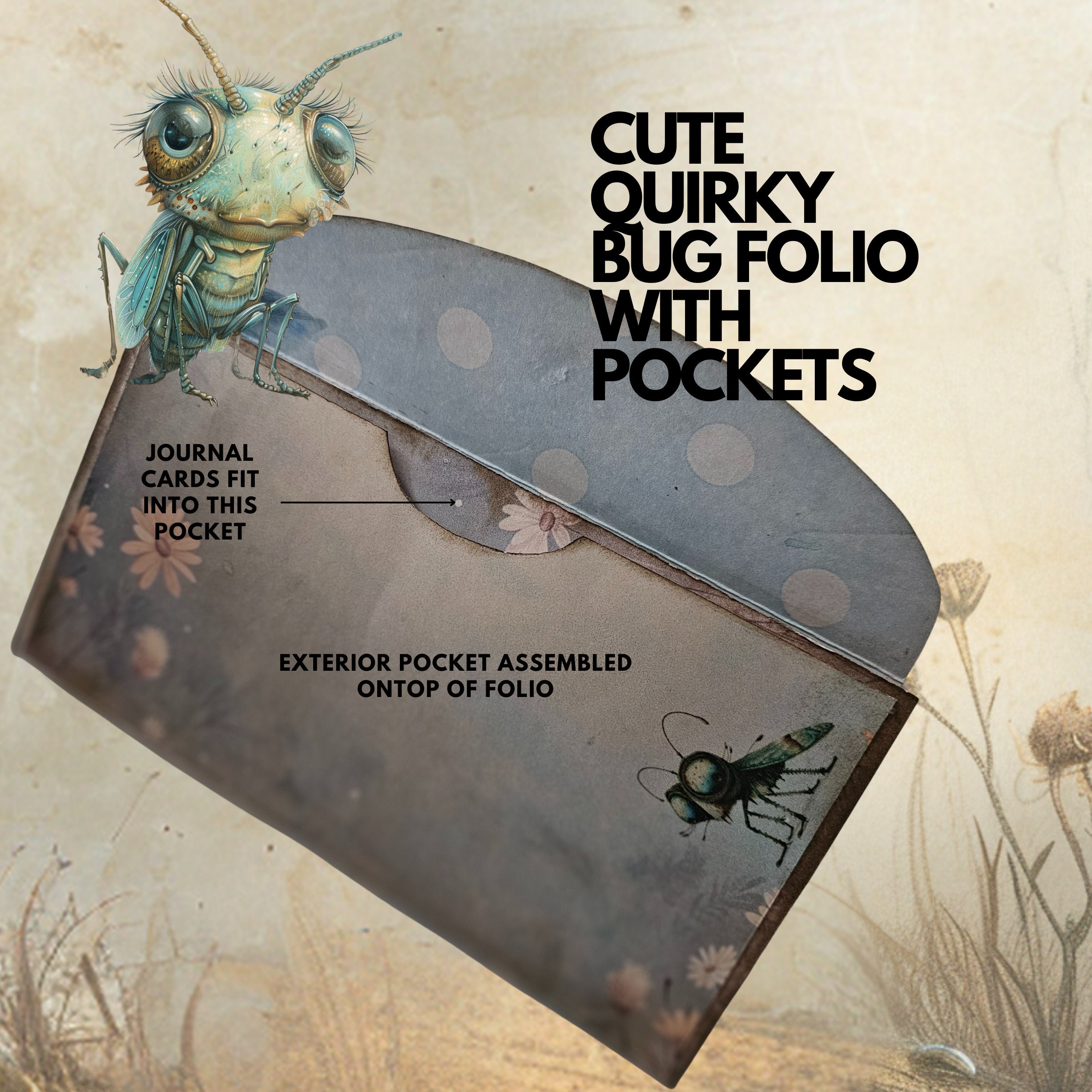 Quirky Bug Junk Journal Folio, Folding Pocket Folder, Folio, Whimsical ...