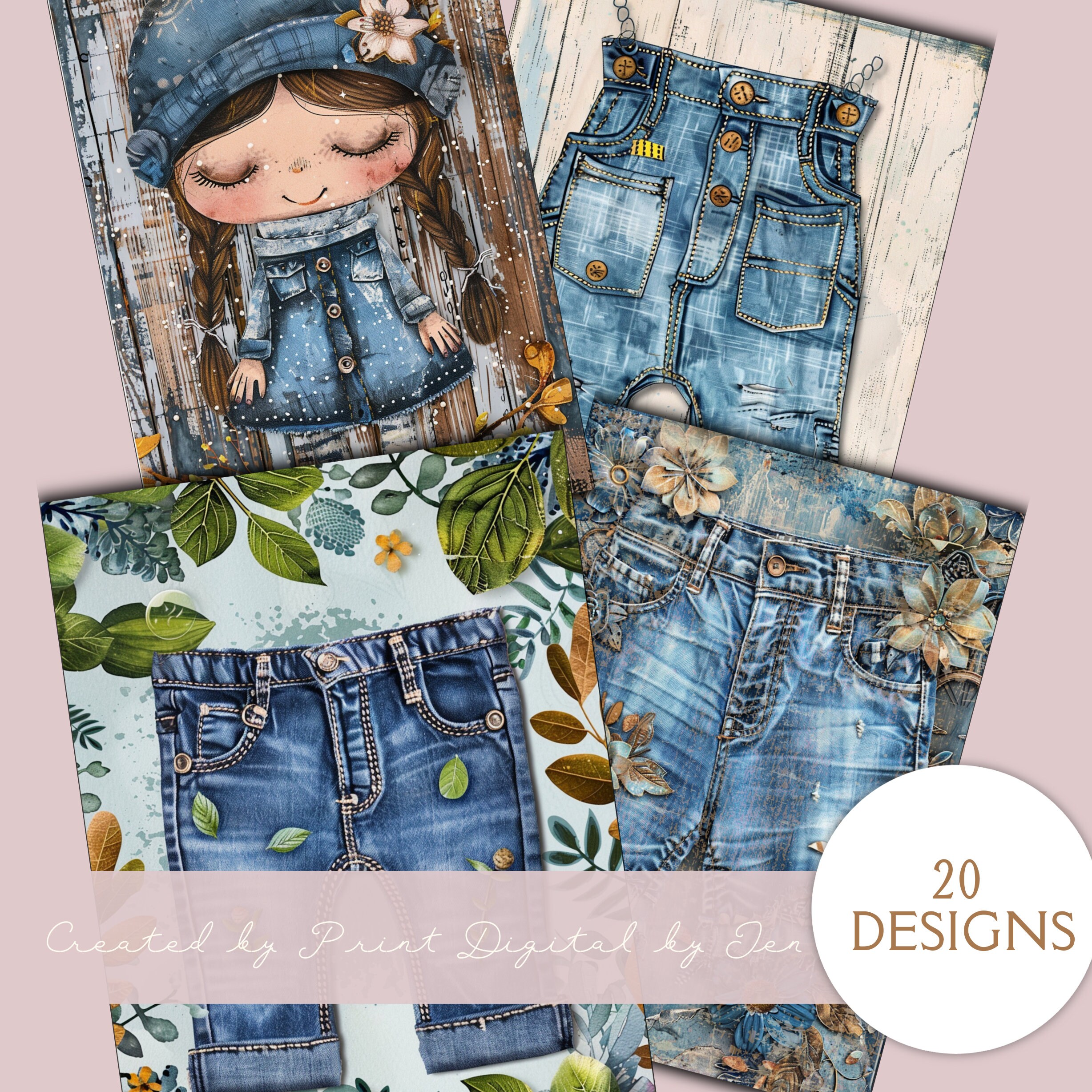 Cute Denim Girl Junk Journal Paper, Denim Junk Journal Pages, A4 ...