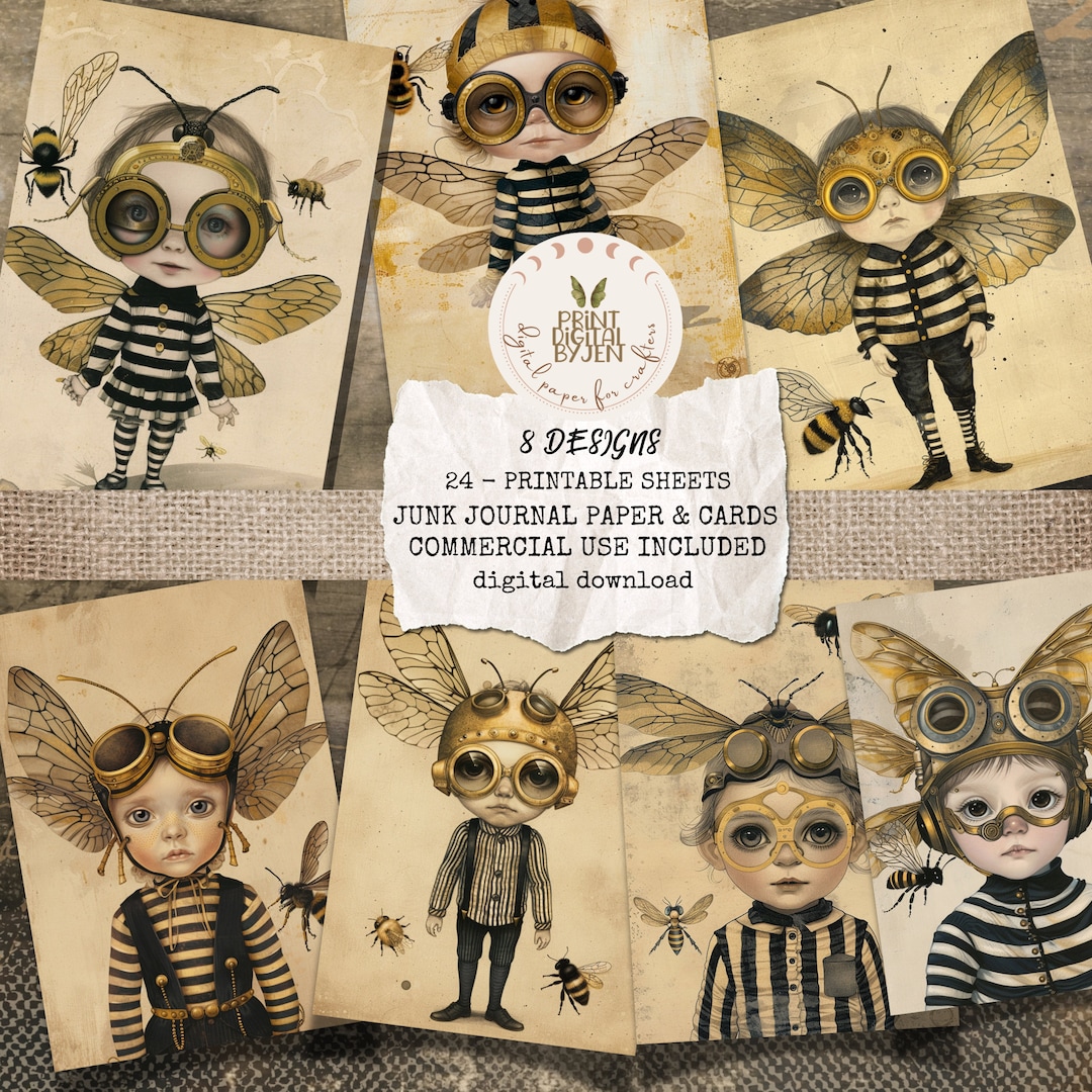 Quirky Bee Kid Cards in 4 Sizes, Printable Vintage Bee Card, Junk ...