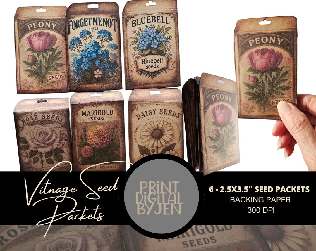 Vintage Floral Seed Packet, Digital Set, Botanical Flowers Ephemera ...