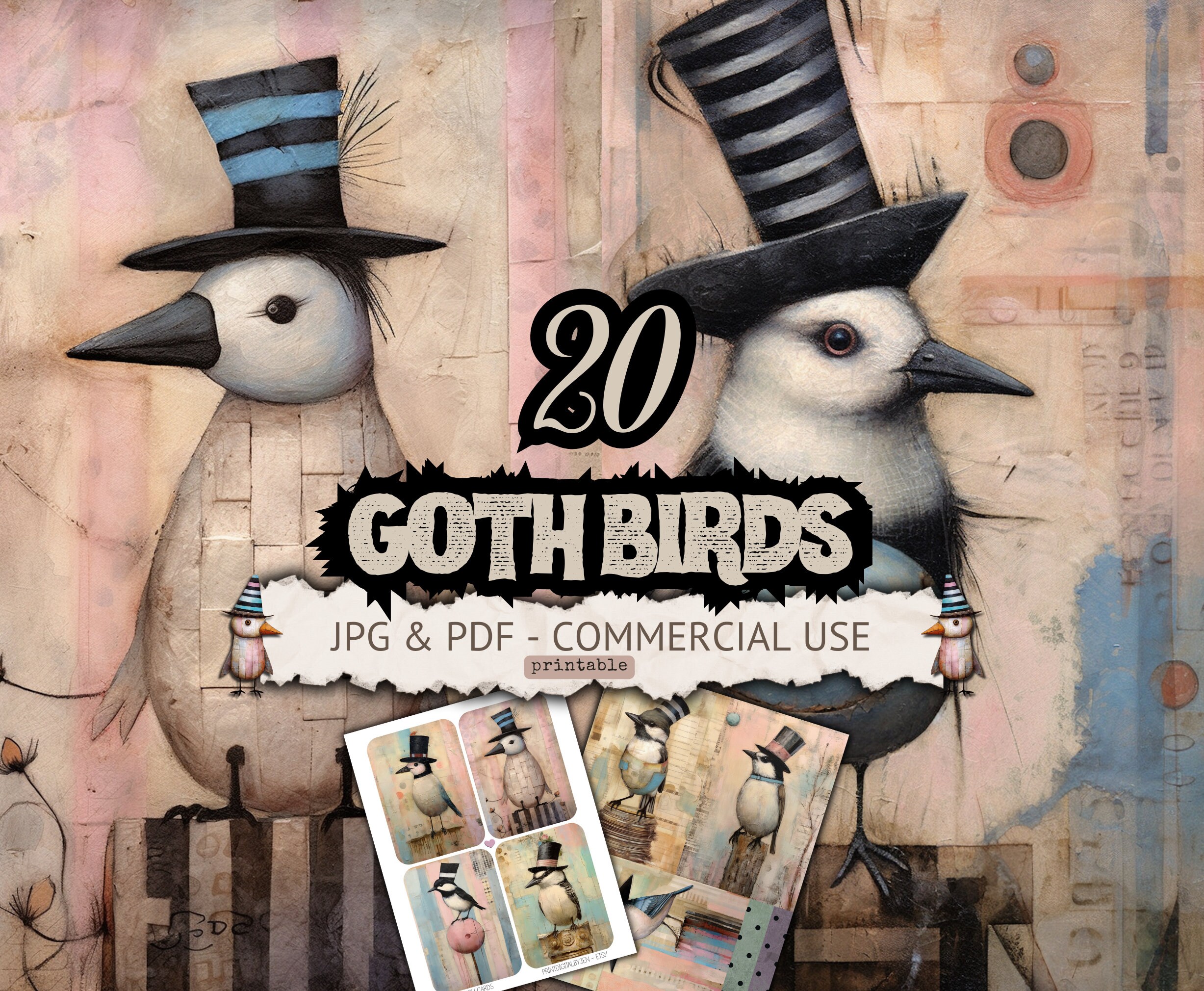 Quirky Pastel Goth Bird Junk Journal Cards, Bird Digital Papers, Card ...