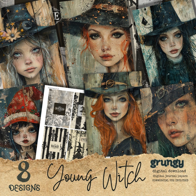 Grungy Halloween Witch Collage Sheet: Retro Journal Cards (digital ...