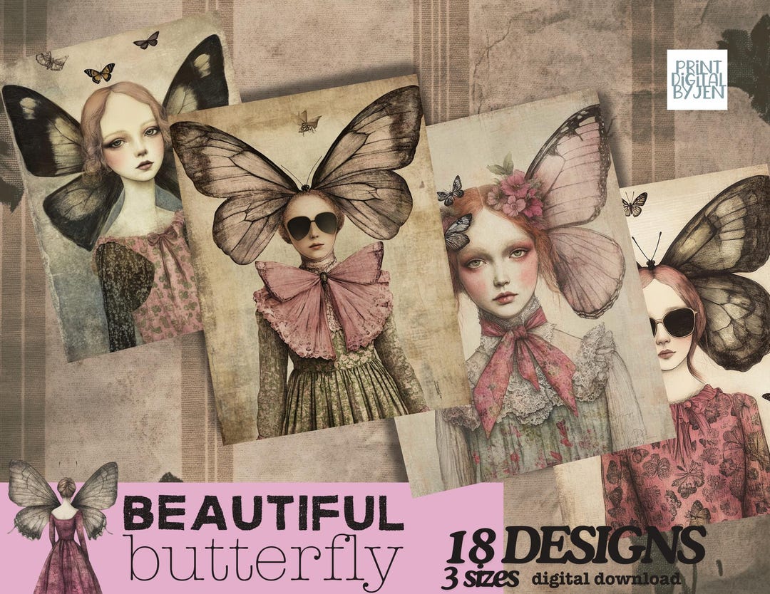 Surreal Butterfly Lady Junk Journal Cards: Printable Collage Sheet ...