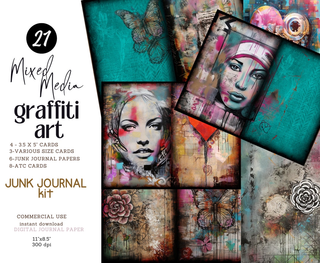 Mixed Media Graffiti ATC Cards, Junk Journal Cards, Digital Paper ...