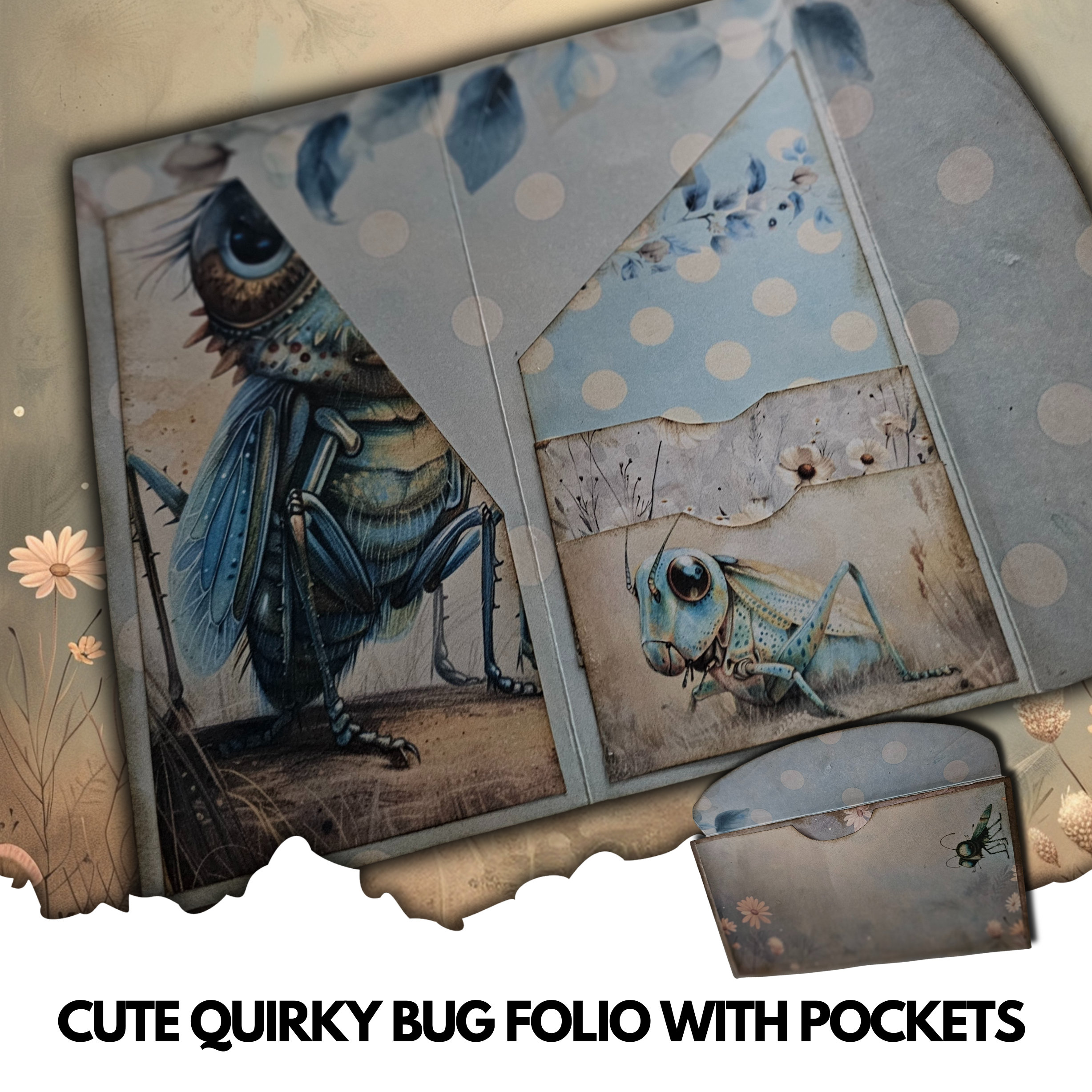 Quirky Bug Junk Journal Folio, Folding Pocket Folder, Folio, Whimsical ...