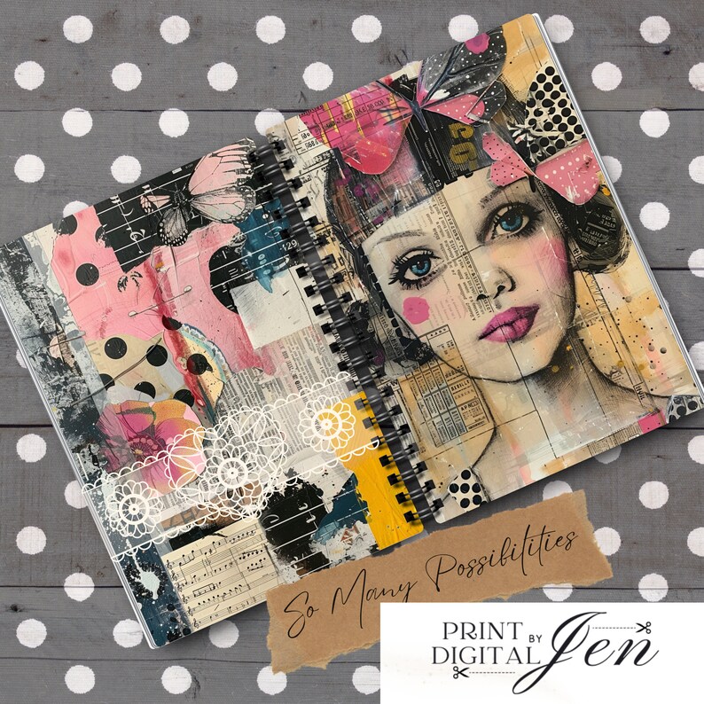 Retro Girl Collage Journal Cards: Butterfly Surreal Paper (digital ...