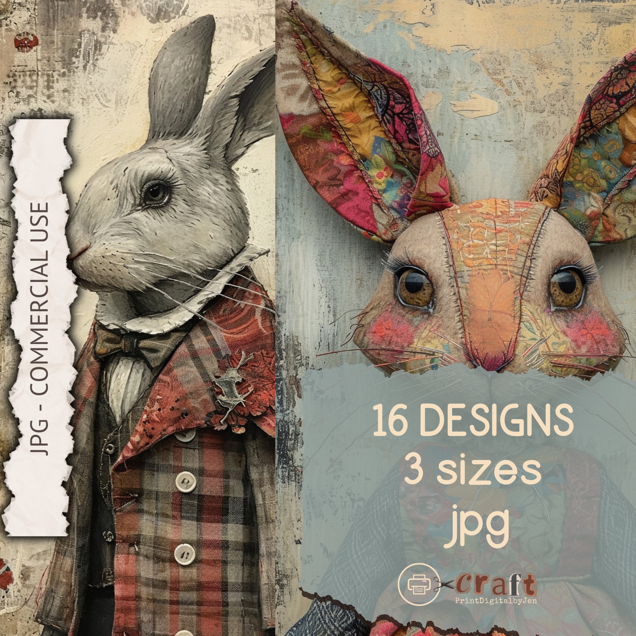 Patchwork Rabbit Junk Journal Cards and Papers, Collage Sheet ...