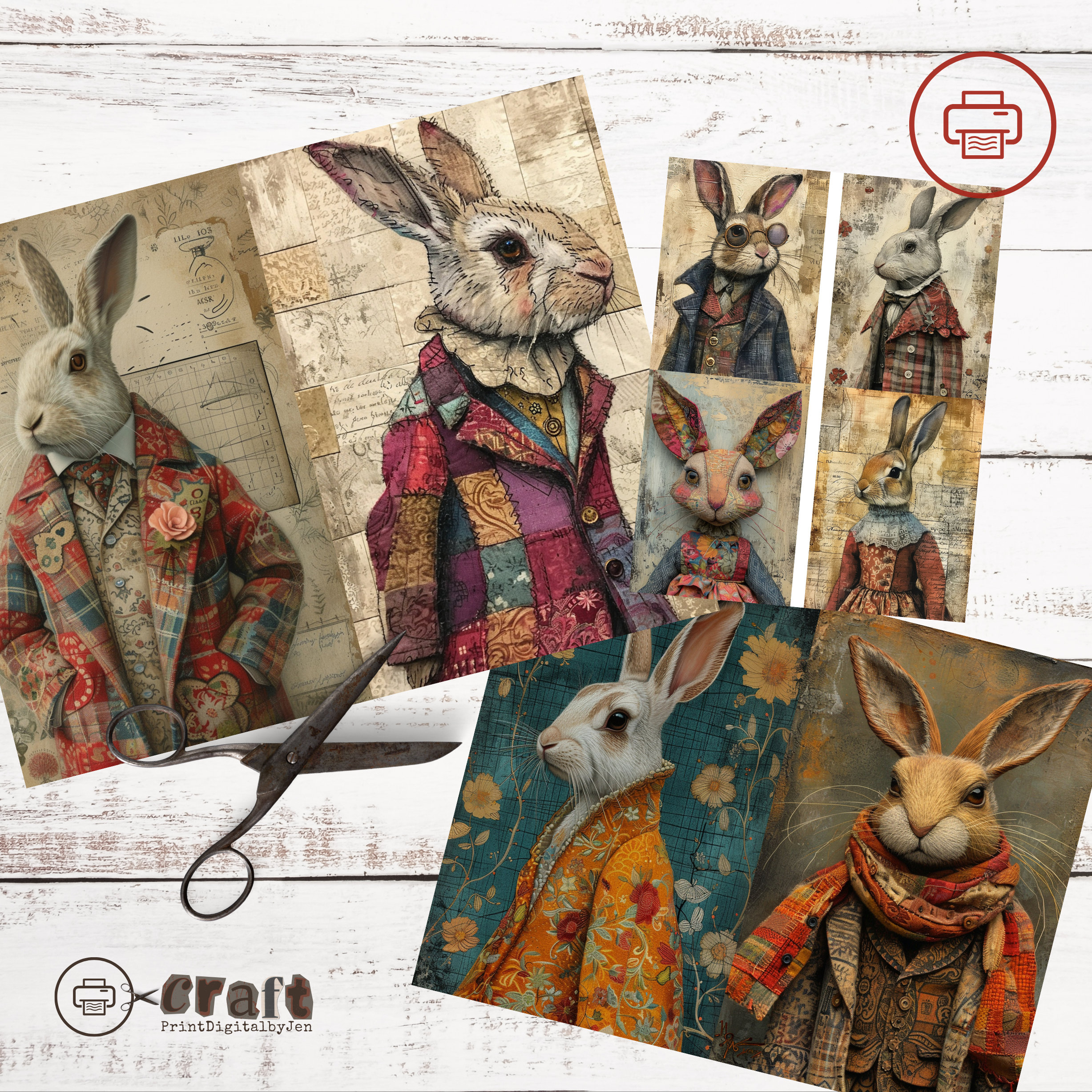 Patchwork Rabbit Junk Journal Cards and Papers, Collage Sheet ...