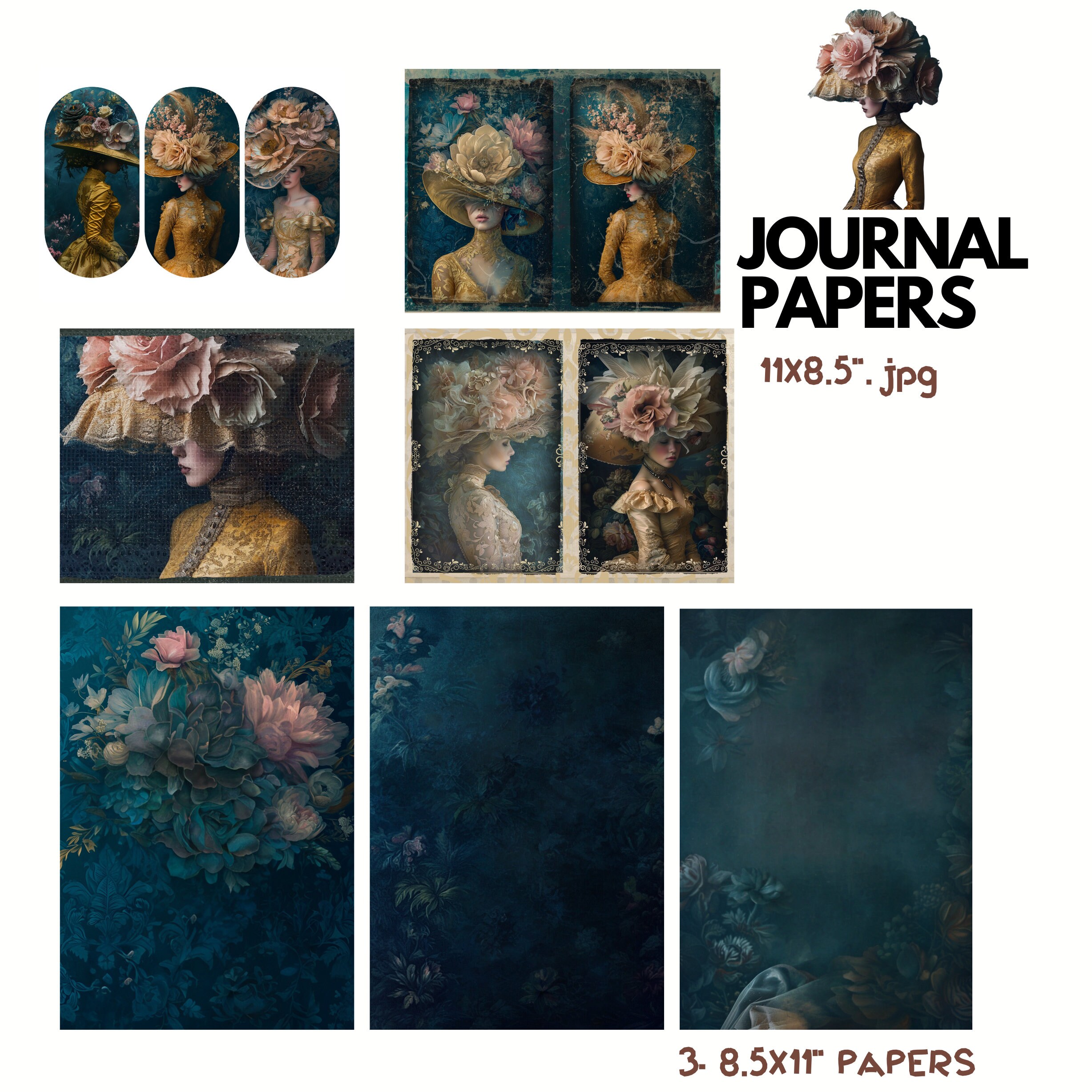 Gold Ladies Printable Junk Journal Paper Pack, Digital Art Card Designs ...