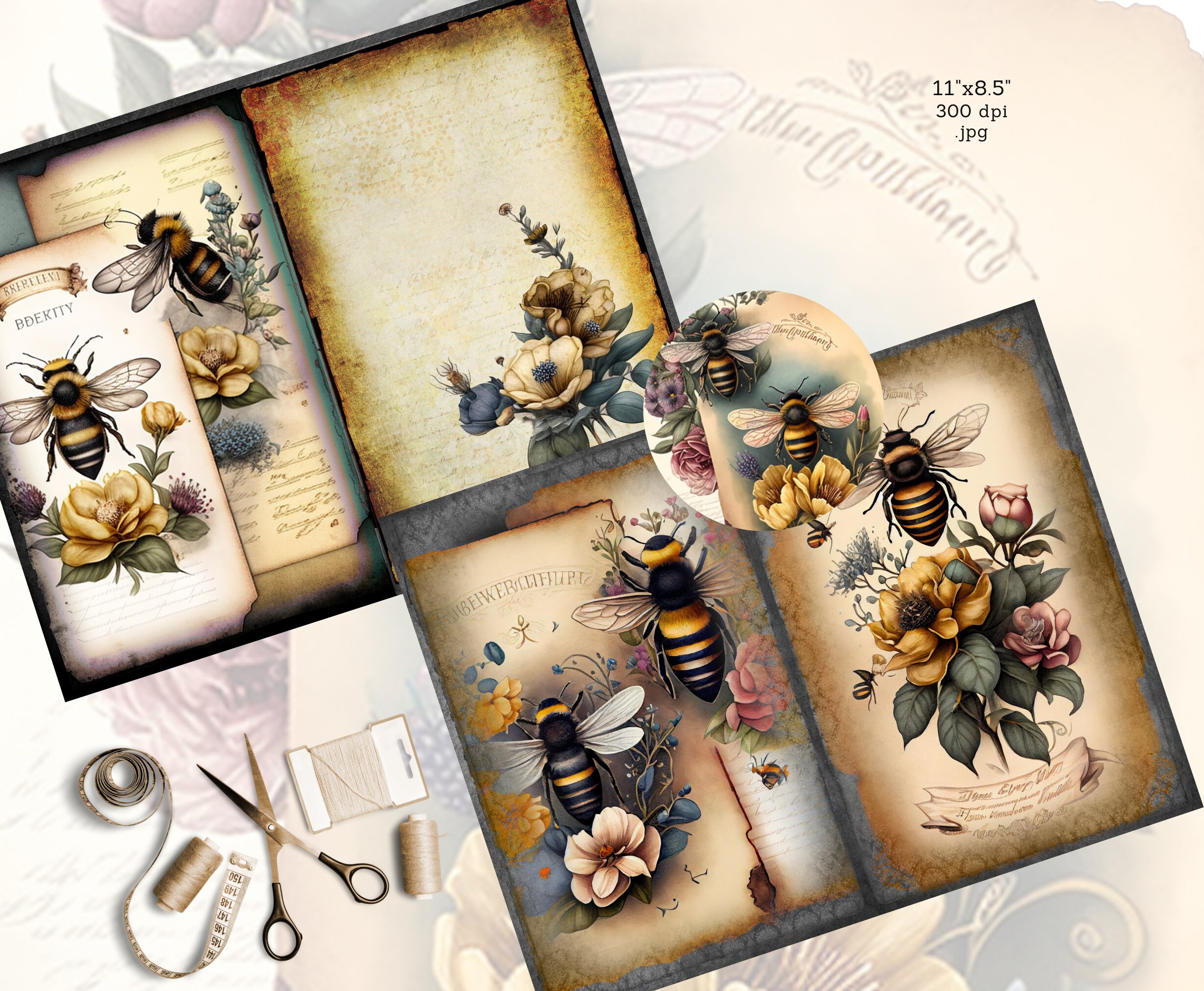Watercolor Bee Junk Journal Pages, Vintage Bee Junk Journal Kit, Junk ...