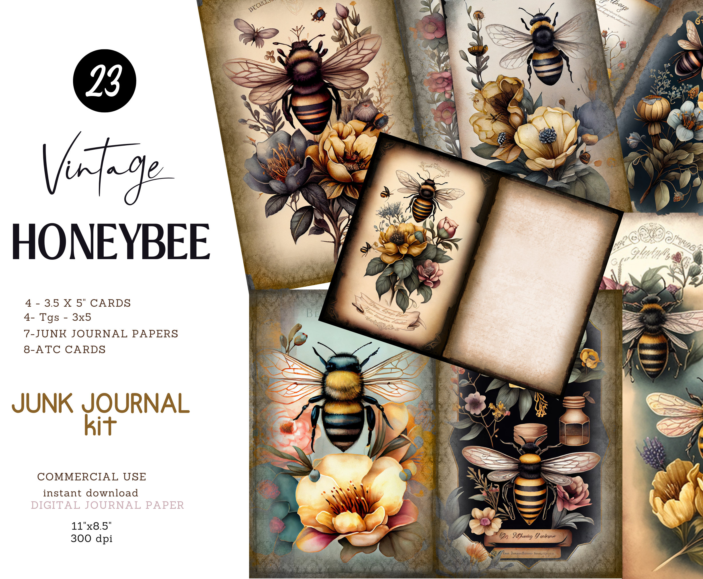 Watercolor Bee Junk Journal Pages, Vintage Bee Junk Journal Kit, Junk ...