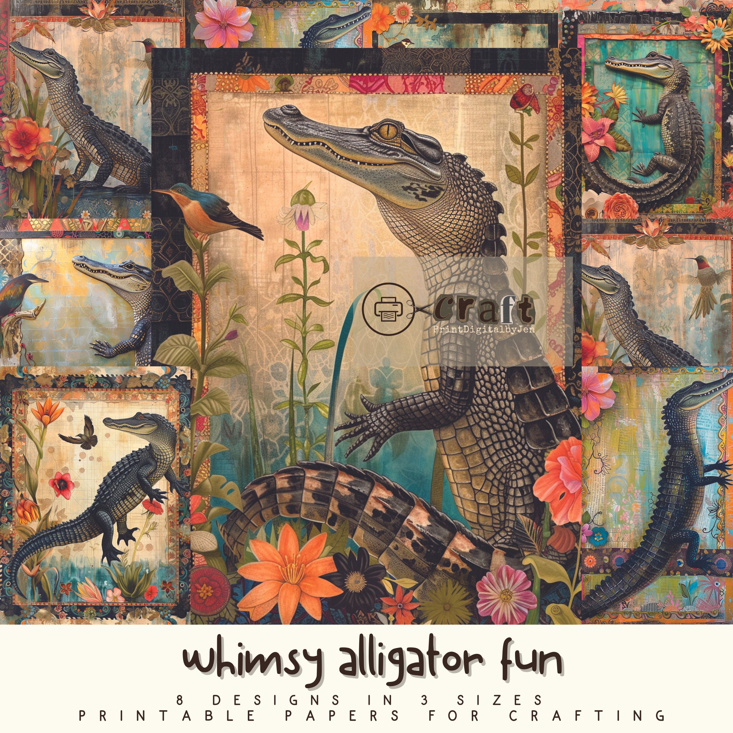 Whimsical Quirky Alligator Junk Journal Papers, Journal Cards, Junk ...