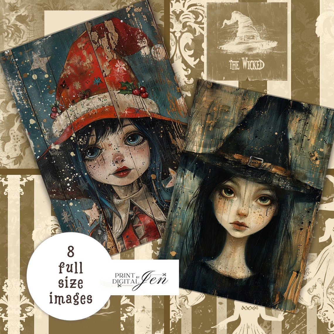 Grungy Halloween Witch Collage Sheet: Retro Journal Cards (digital ...