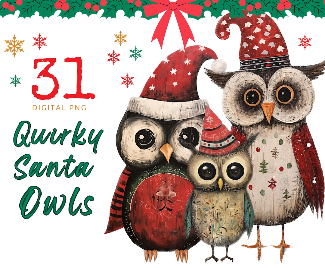 Quirky Santa Owls Png Clipart & Junk Journal Paper Bundle, Whimsical ...