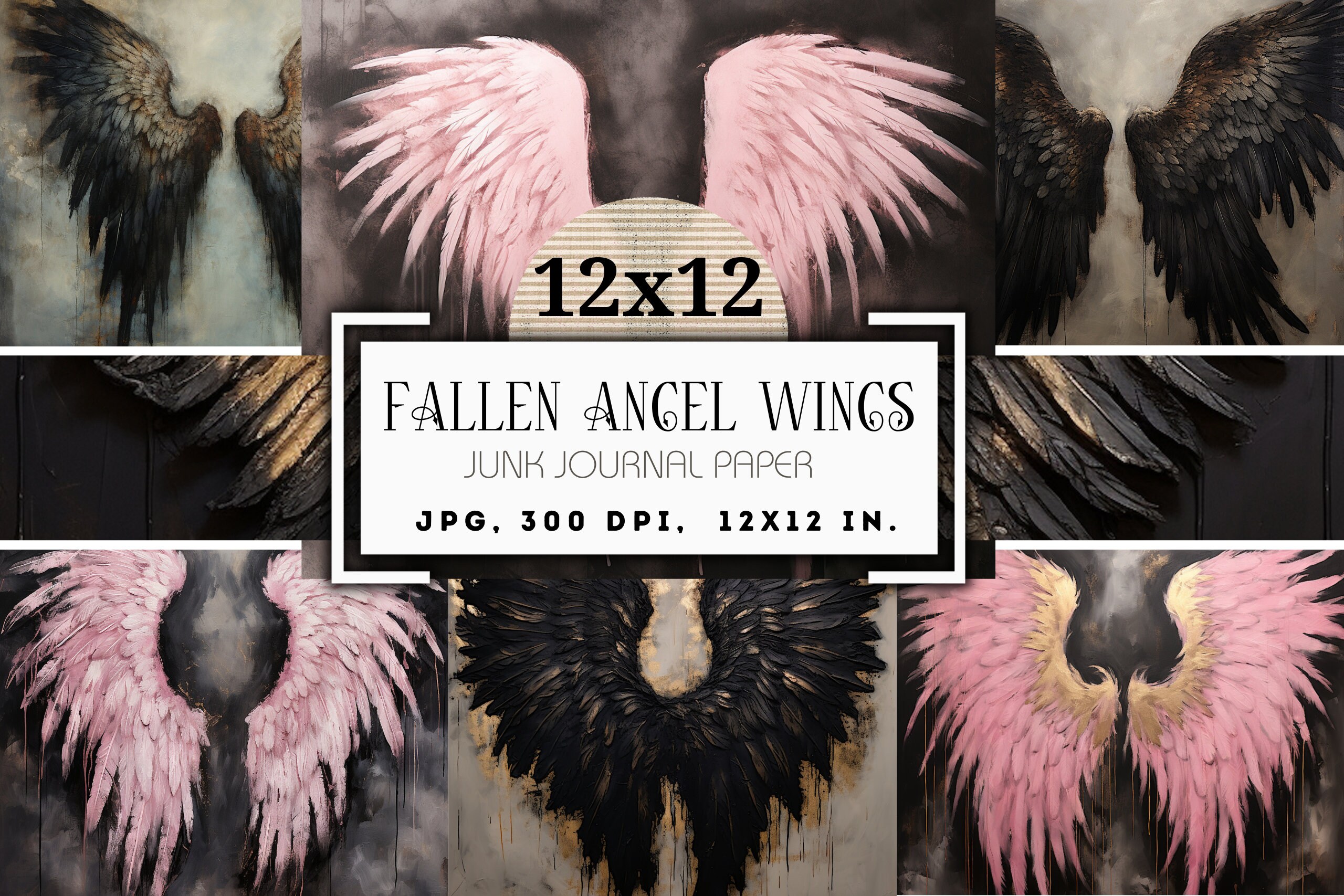 Fallen Angel Wings Digital Paper: Black & Pink Watercolor (digital ...