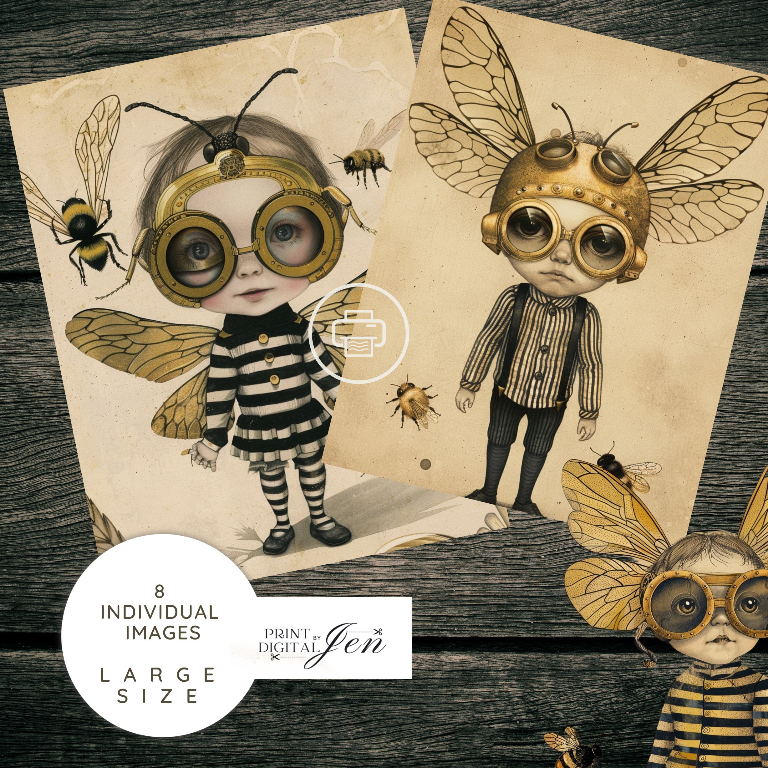 Quirky Bee Kid Cards in 4 Sizes, Printable Vintage Bee Card, Junk ...