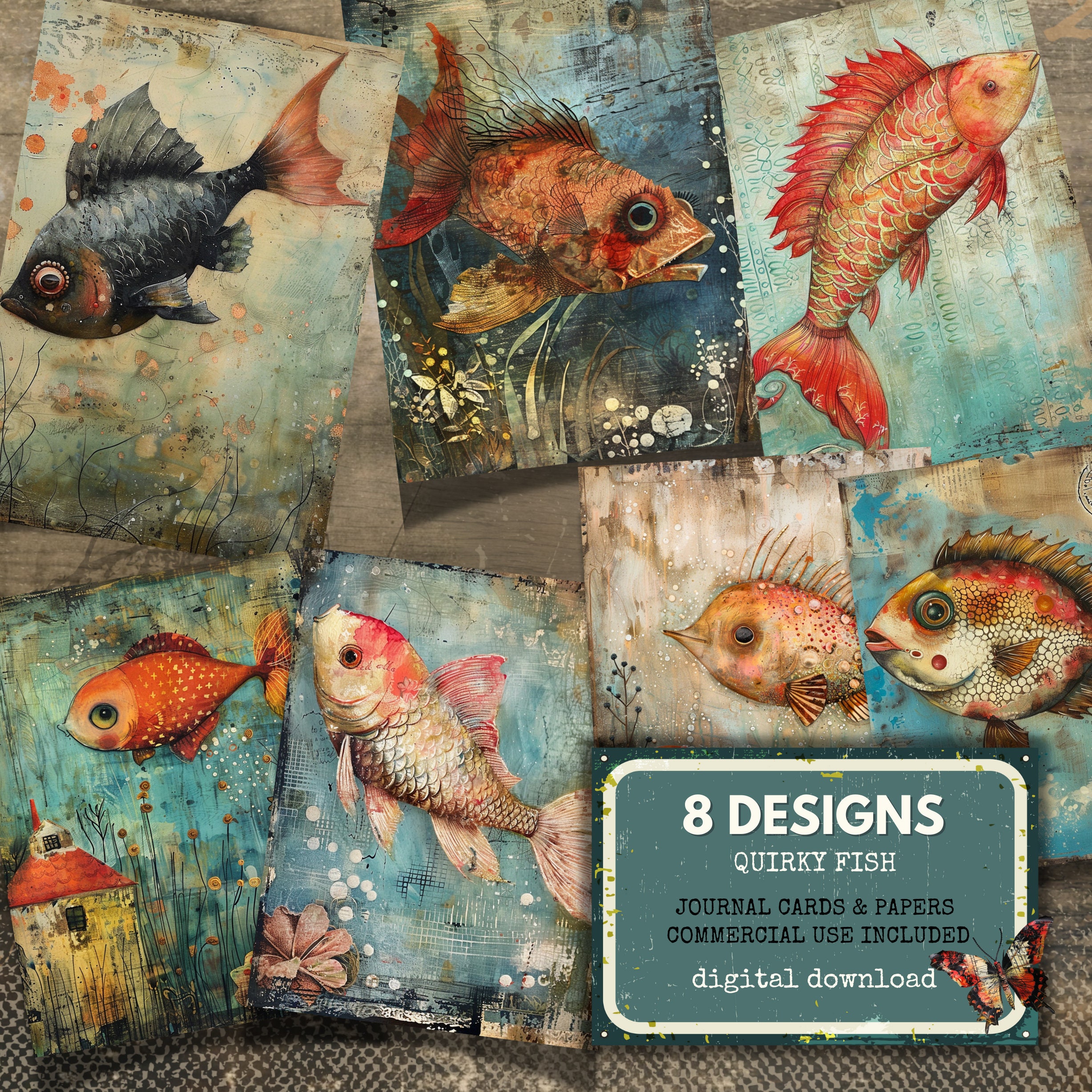 Quirky Grunge Fish, Unique Junk Journal Papers, Fish Collage Sheets ...