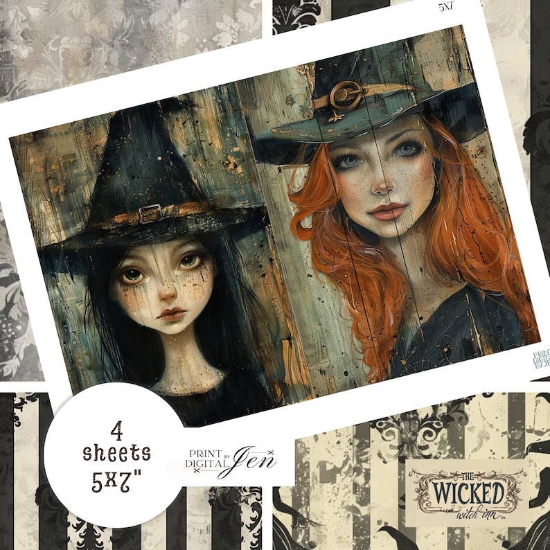 Grungy Halloween Witch Collage Sheet: Retro Journal Cards (digital ...