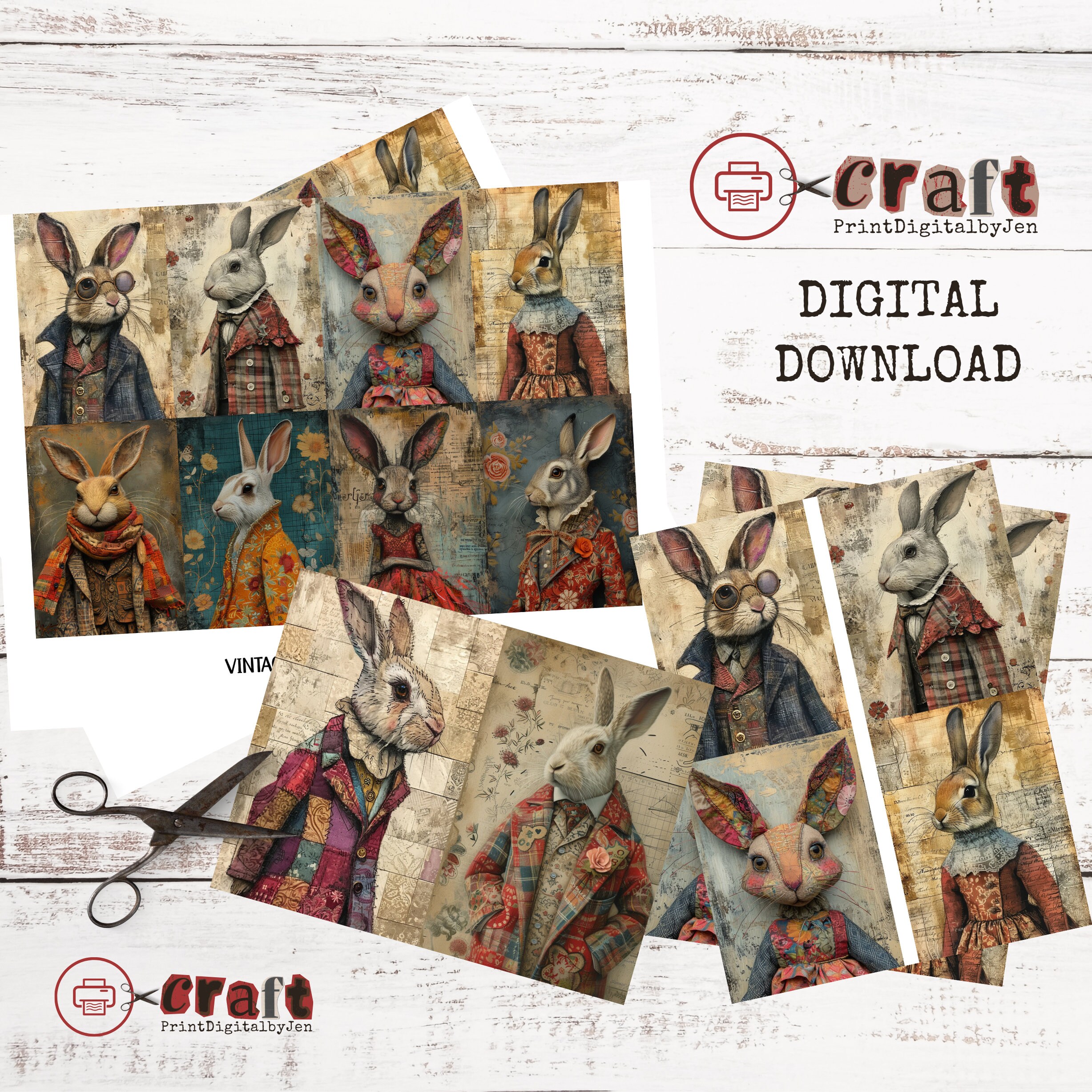 Patchwork Rabbit Junk Journal Cards and Papers, Collage Sheet ...