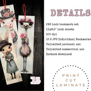 Whimsical Animal Bookmark Set: Cow, Ostrich, Bunny Designs (digital ...
