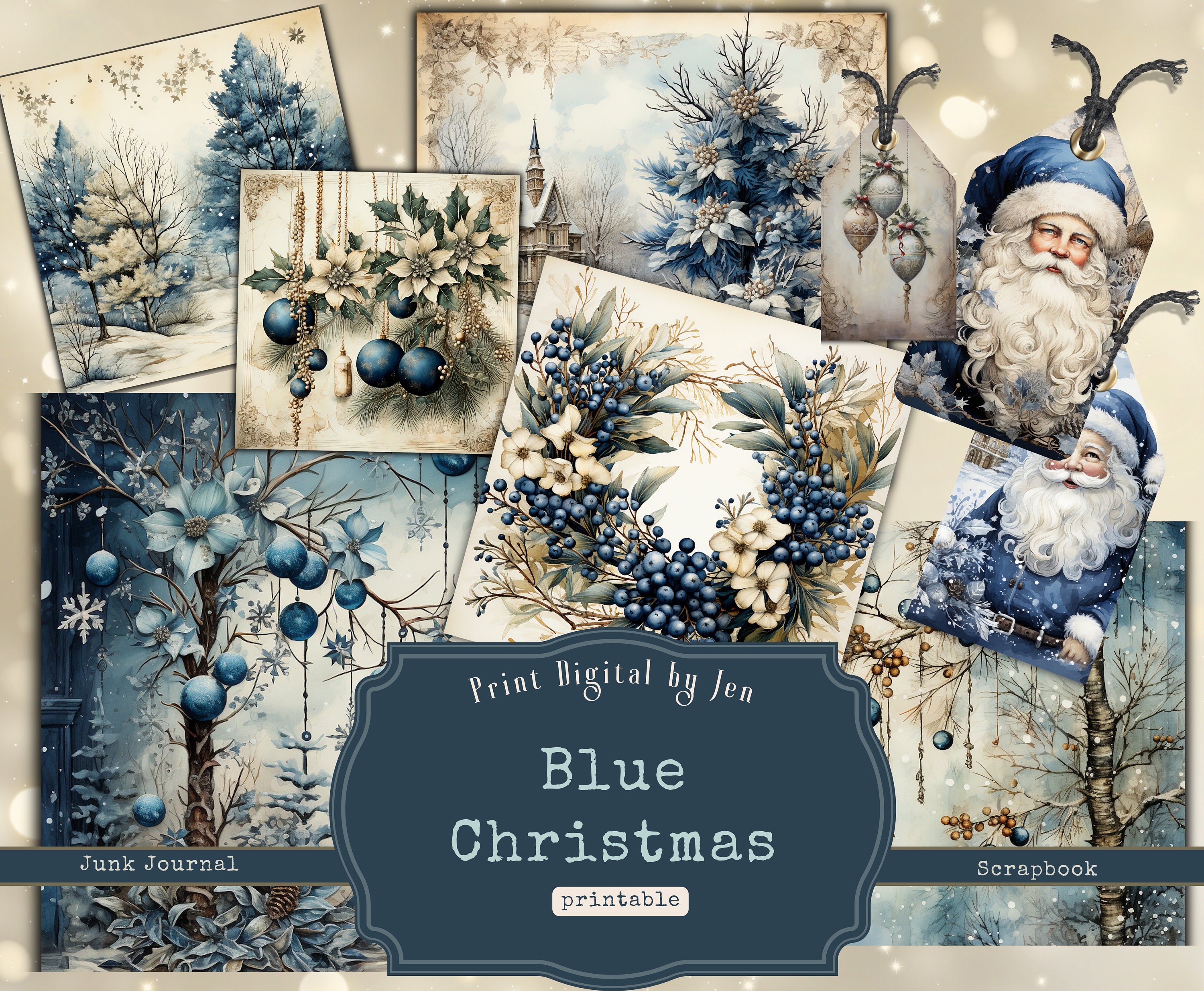 Blue Christmas Scrapbook Paper: Vintage Holiday Collage (digital ...