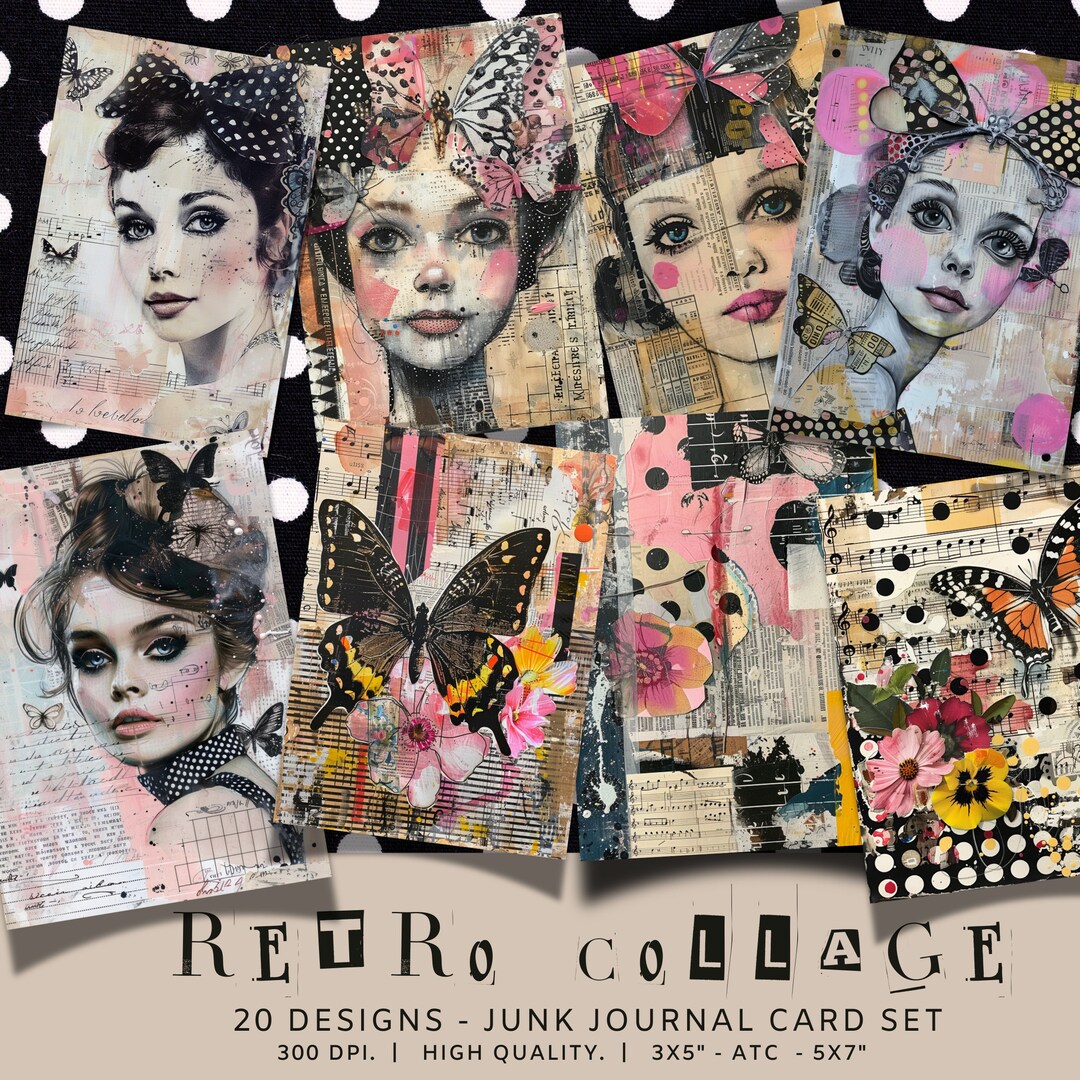 Retro Girl Collage Journal Cards: Butterfly Surreal Paper (digital ...