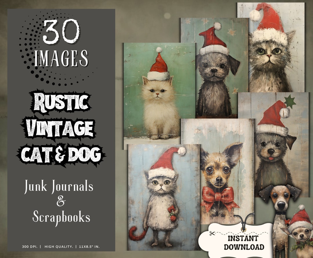 Rustic Vintage Dog & Cat Christmas Journal Pages Bundle, Junk Journal ...