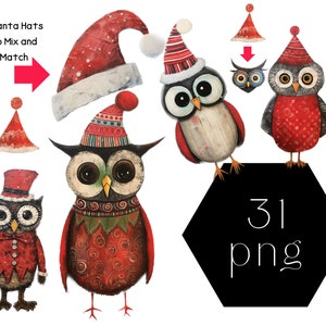 Quirky Santa Owls Png Clipart & Junk Journal Paper Bundle, Whimsical ...