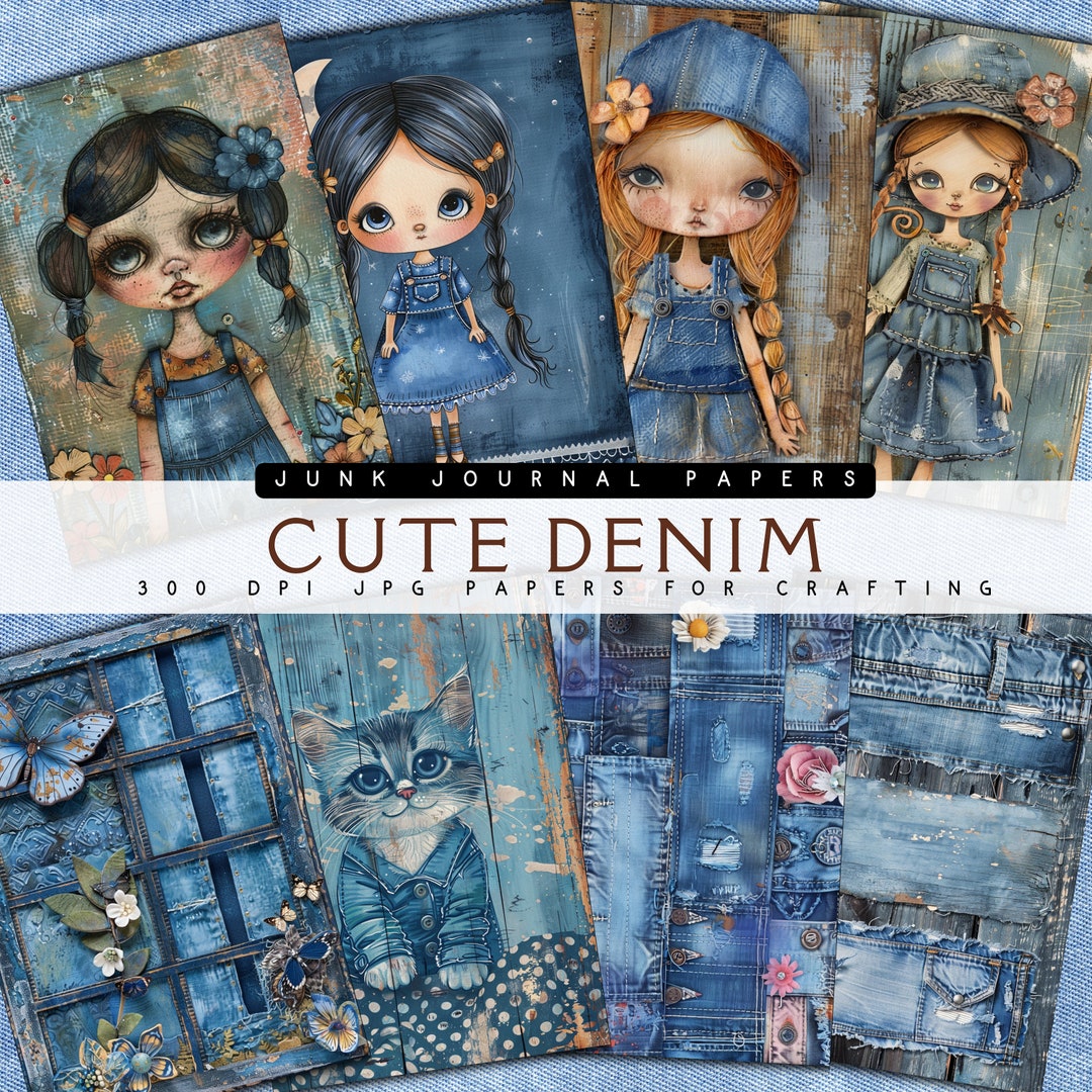 Cute Denim Girl Junk Journal Paper, Denim Junk Journal Pages, A4 ...