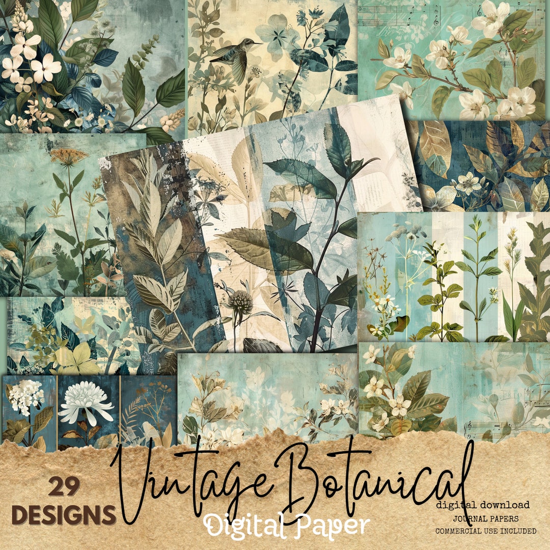 Vintage Botanical Digital Paper: Teal & Navy Scrapbook Pages (digital ...