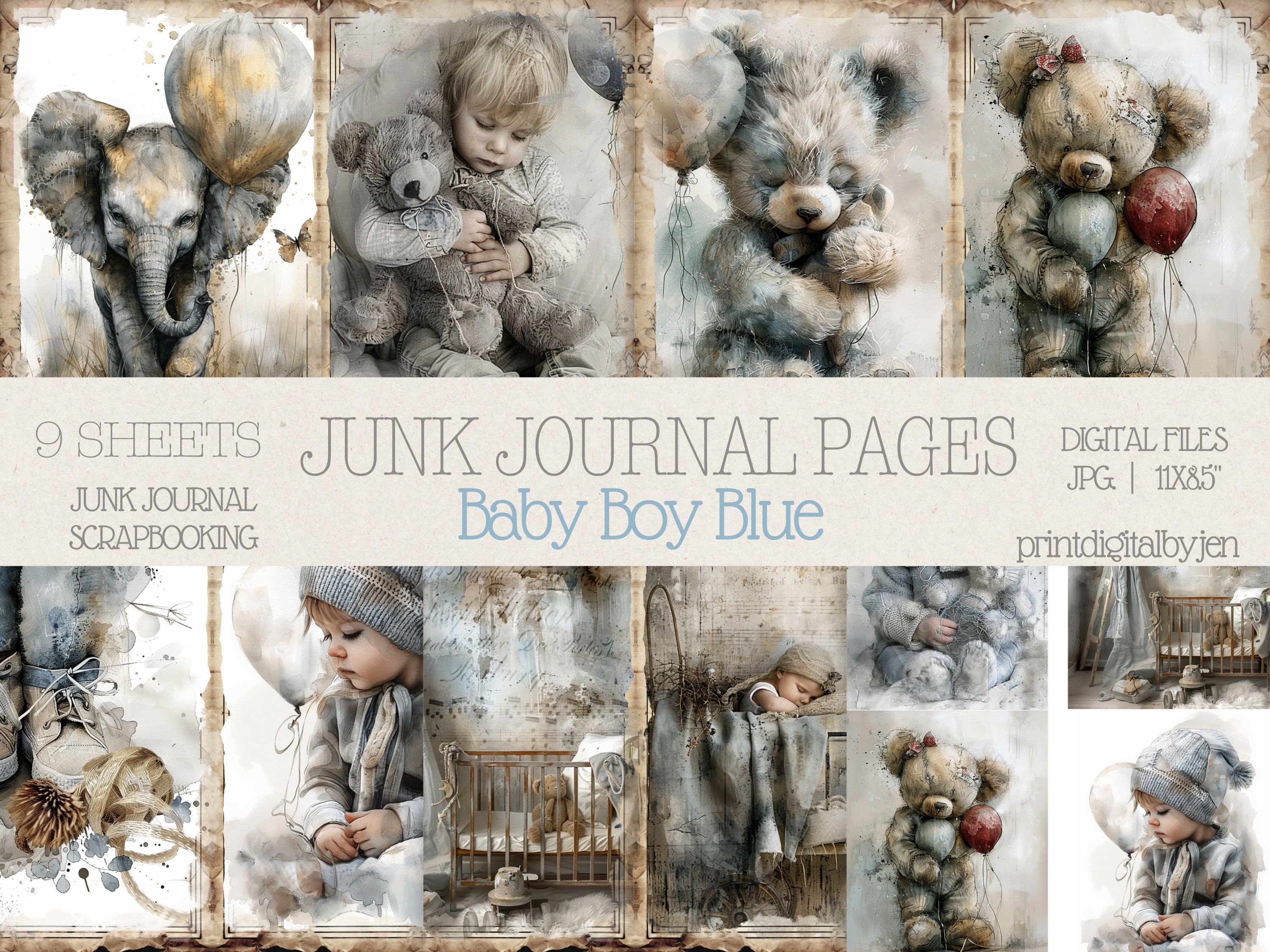 Vintage Baby Boy Junk Journal Pages: Grungy Scrapbook Paper (digital ...