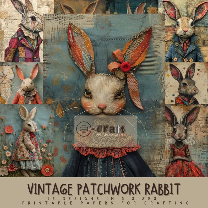 Patchwork Rabbit Junk Journal Cards and Papers, Collage Sheet ...