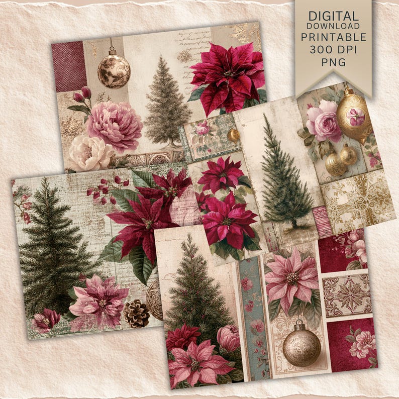 Christmas Poinsettia Blooms Junk Journal Paper Kit, Holiday Scrapbook ...